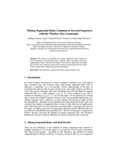 Pdf Mining Sequential Rules Common To Several Sequences With The Window Size Constraint