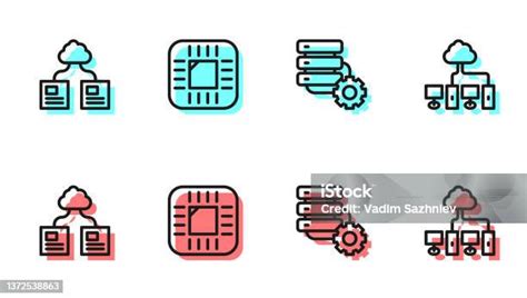 라인 서버 및 기어 클라우드 기술 데이터 전송 Cpu 및 컴퓨터 네트워크 아이콘이 있는 프로세서를 설정합니다 벡터 Cpu에 대한 스톡 벡터 아트 및 기타 이미지 Istock