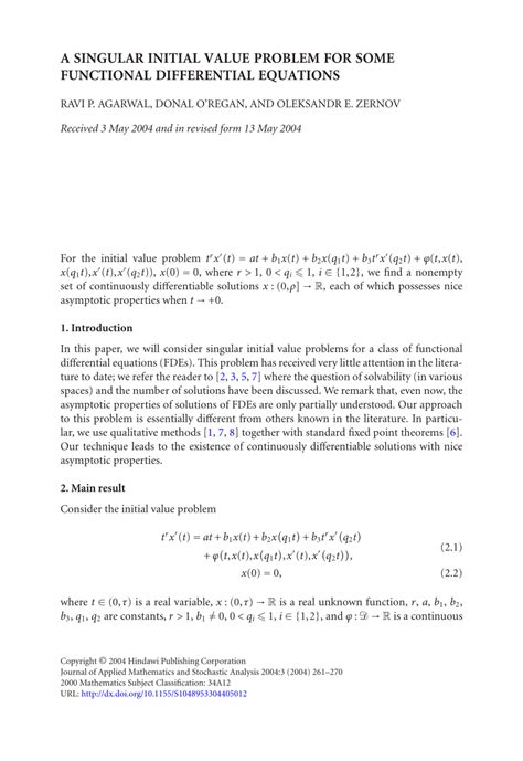 Pdf A Singular Initial Value Problem For Some Functional Differential Equations