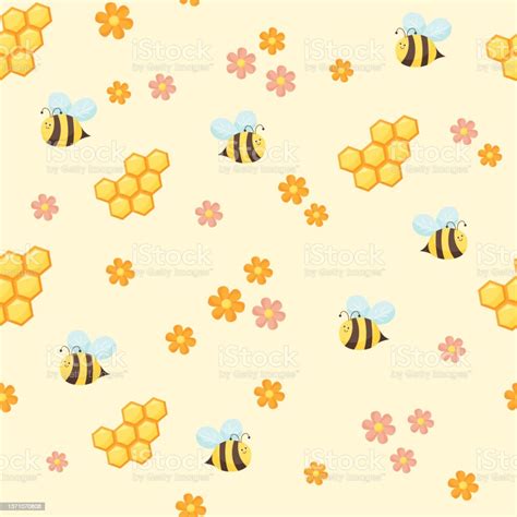 노란 배경에 꿀벌 벌집 꽃과 매끄러운 패턴 귀여운 만화 일러스트레이션 0명에 대한 스톡 벡터 아트 및 기타 이미지 0명 곤충 귀여운 Istock