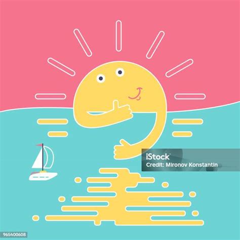 좋은 저녁 일몰 태양 미소와 엄지손가락 최대 강 뒤에 손가락을 보여줍니다 하늘 강 웃는 태양과 작은 배 또는 저녁 최소한의 추상 평면 스타일 벡터 일러스트 레이 션에 보트