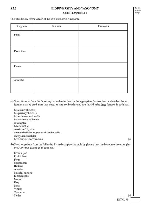Biodiversity Taxonomy Questions A Level Curriculum Press