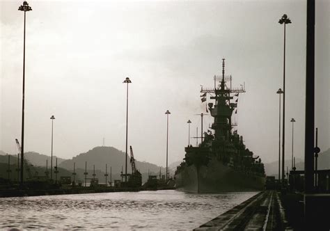 A Port Bow View Of The Battleship Uss Iowa Bb 61 Passing Through The
