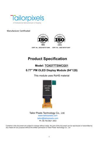 Product Specification Model Tts096hvv 01 0 96″tft Display Module 80 160 Tailor Pixels