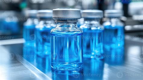 Vials Filled With Vibrant Blue Liquid Are Arranged On A Reflective