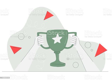 황금 잔을 들고 있는 손 콘테스트 우승자 플랫 벡터 일러스트레이션 대회 우승자 성공 승리 배너 웹 사이트 디자인 또는 방문 웹