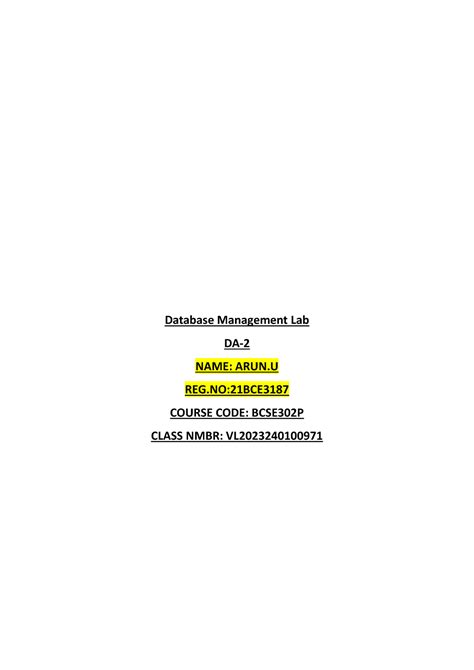 Dbms Task 2 21bce3187 Hjmjhng Database Management Lab Da Name Arun Reg21bce Course Code