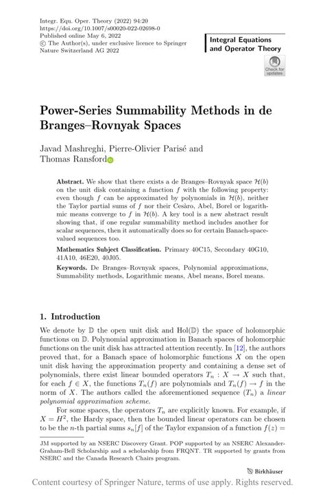Power Series Summability Methods In De Brangesrovnyak Spaces Request Pdf