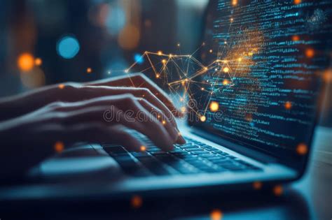 Hands Typing Code On Laptop Digital Network Glowing Stock Illustration Illustration Of Bokeh