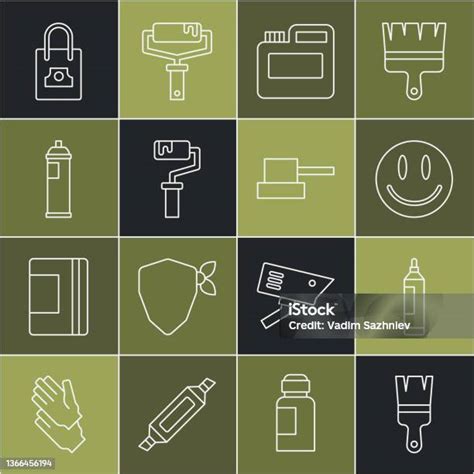 세트 라인 페인트 브러시 마커 펜 미소 얼굴 페인트 구아슈 항아리 염료 롤러 스프레이 캔 스프레이 노즐 캡과 아이콘 벡터 가방에 대한 스톡 벡터 아트 및 기타 이미지