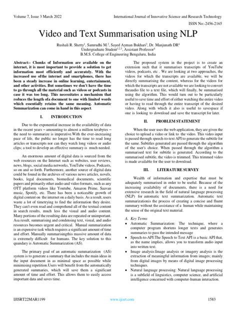 Video And Text Summarisation Using Nlp Pdf Computing Cognitive Science