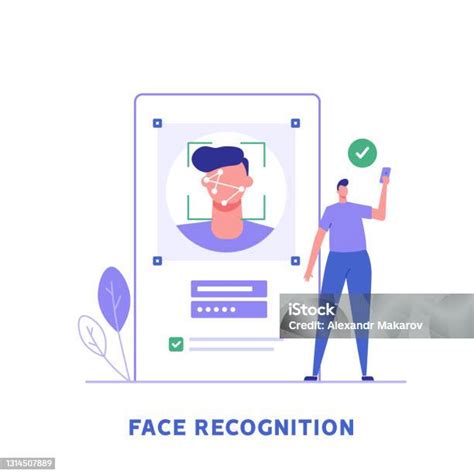 전화와 함께 서있는 남자는 얼굴을 식별합니다 얼굴 인식 얼굴 Id 시스템 생체 인식의 개념 모바일 앱용 플랫 디자인의 벡터 일러스트레이션 생체 인식에 대한 스톡 벡터 아트