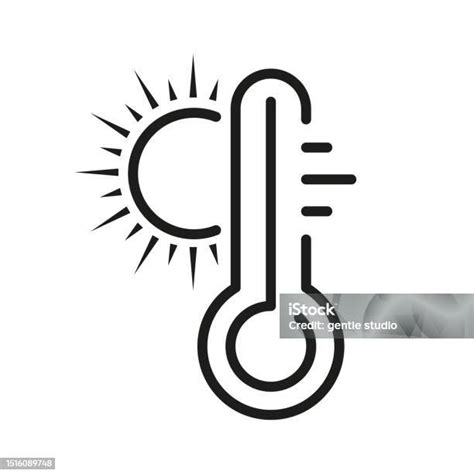 고온 라인 아이콘입니다 태양 선형 픽토그램이 있는 온도계 맑은 날을 더위합니다 기후 변화 따뜻한 날씨 개요 기호입니다 지구 온난화 신호입니다 격리된 벡터 그림