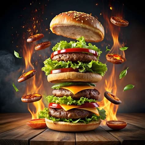 Grill Burger Realistic 3d Burgers Falling In The Air Grilled Meat