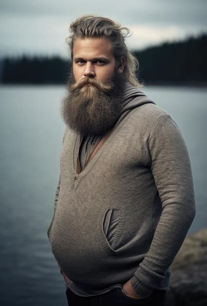 Premium Photo Bearded Nordic Man Poses By A Lake