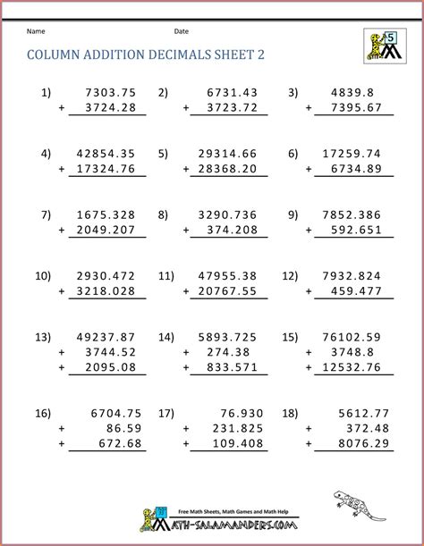 Adding Decimals Worksheet 6th Grade Printable Calendars At A Glance