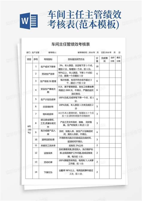 车间主任主管绩效考核表 范本 Word模板下载 编号lpzrzbrd 熊猫办公