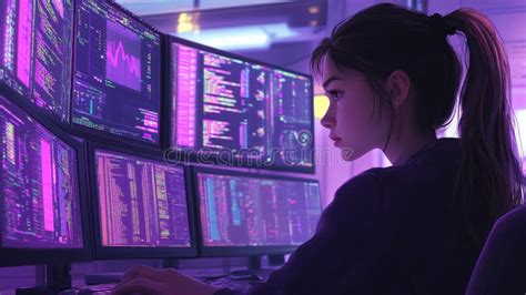 woman programmer coding late night multiple monitors purple neon glow