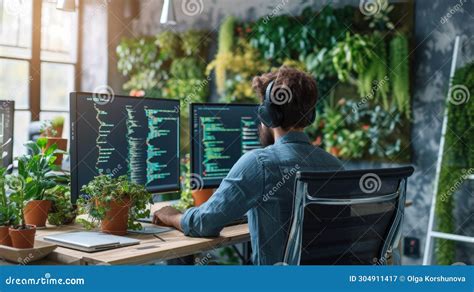 Innovative Developer Engages With Modern Technology In Green Office Stock Image Image Of