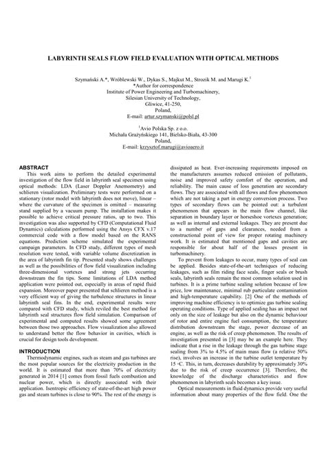 Pdf Labyrinth Seals Flow Field Evaluation With Optical Methods