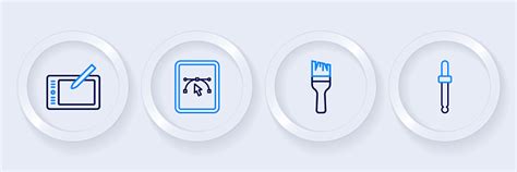 세트 라인 스포이드 색상 선택기 팔레트 페인트 브러시 디자인 프로그램이 있는 컴퓨터 및 그래픽 태블릿 아이콘 벡터 개념에 대한