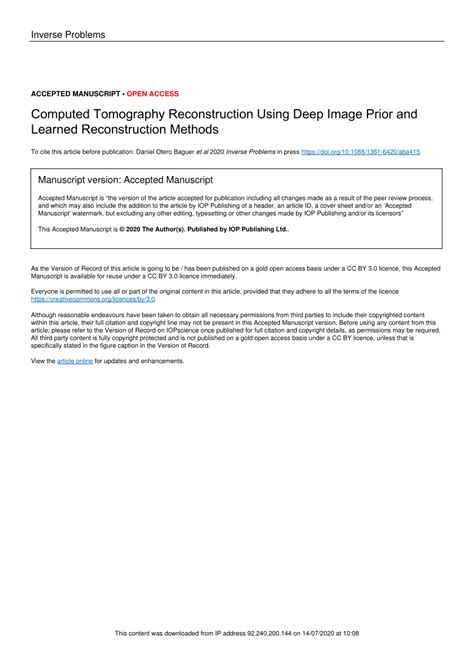 Pdf Computed Tomography Reconstruction Using Deep Image Prior And Learned Reconstruction Methods