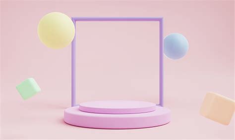 제품 연단 프리젠 테이션 배경을위한 프레임이있는 파스텔 색상의 추상적 인 기하학적 모양 예술과 색상 개념 3d 그림 렌더링 3차원 형태에 대한 스톡 사진 및 기타 이미지