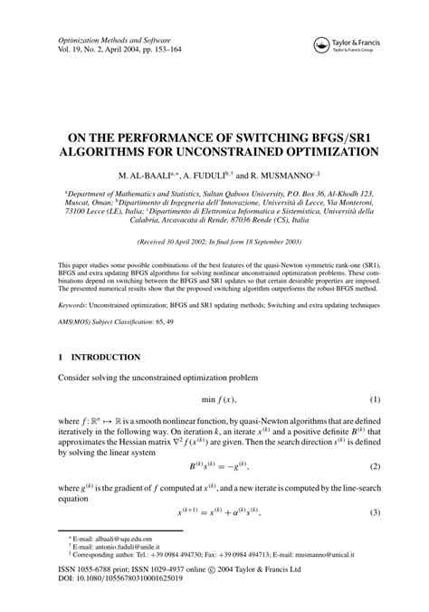 Pdf On The Performance Of Switching Bfgssr1 Algorithms For Unconstrained Optimization