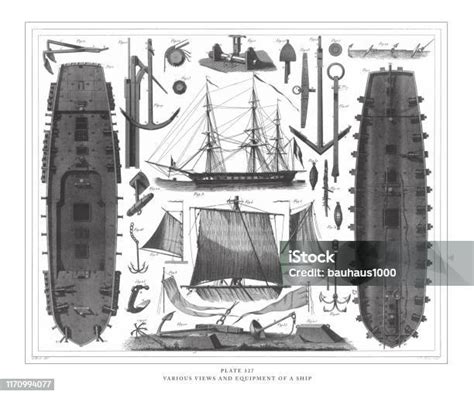 1851년 출판된 골동품 일러스트를 조각하는 선박 시대의 다양한 전망과 장비 다이어그램에 대한 스톡 벡터 아트 및 기타 이미지 다이어그램 범선 레크리에이션 선박
