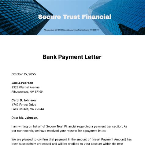 Free Bank Payment Letter Template To Edit Online