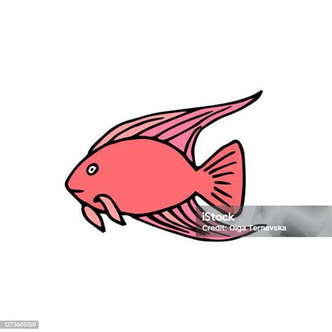 벡터 컬러 낙서 물고기 아이콘 로고 디자인 템플릿입니다 귀여운 손으로 그린 유치한 선형 일러스트 프린트 웹 핸드 그린 어린이 색칠 검은색에 대한 스톡 벡터 아트 및 기타