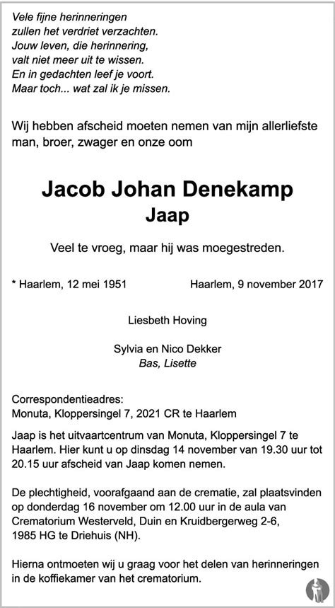 Jacob Johan Jaap Denekamp 09 11 2017 Overlijdensbericht En