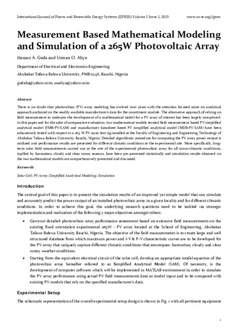 Pdf Measurement Based Mathematical Modeling And Simulation Of A 265w Photovoltaic Array