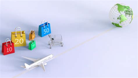 쇼핑 온라인 개념 전자 상거래 및 배달 패키지 서비스 블루 파스텔 배경에 세계와 창조적 인 아이디어와 비행기 3d 렌더링 3차원