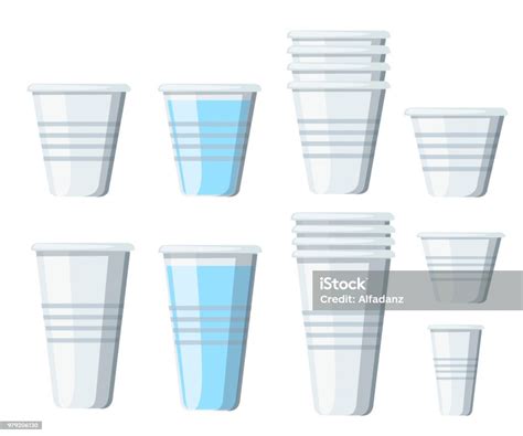 플라스틱 컵의 집합입니다 다양 한 크기의 투명 한 일회용 컵입니다 안경 빈 및 물으로 벡터 일러스트 레이 션 흰색 배경에 고립 일회용 컵에 대한 스톡 벡터 아트 및 기타