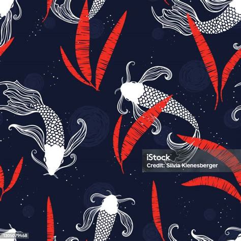 우아한 손으로 그린 잉어 물고기 원활한 패턴 일본어 배경 직물 배너 배경 화면 포장에 적합 벡터 디자인 0명에 대한 스톡 벡터