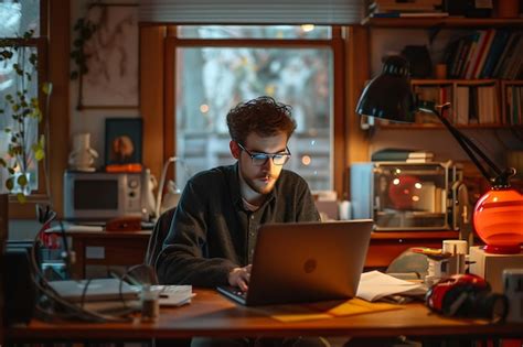 Premium Photo Man Wearing Glasses Working In Workspace