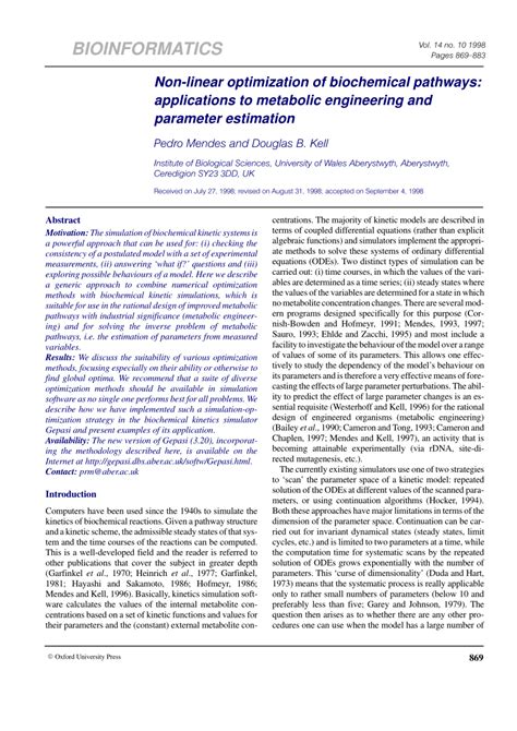 Pdf Non Linear Optimization Of Biochemical Pathways Applications To Metabolic Engineering And