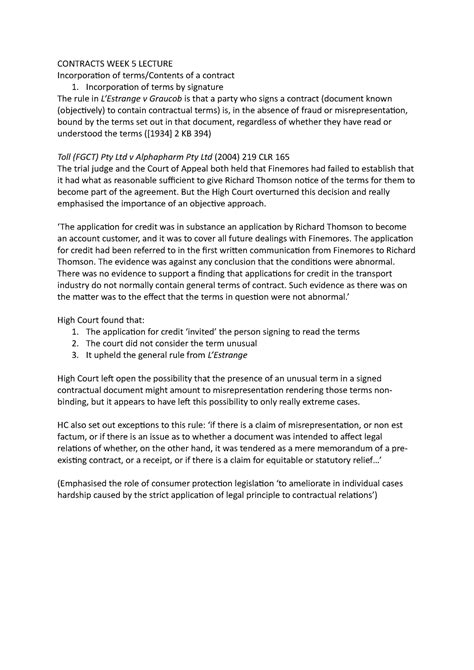 Contracts Week 5 Lecture Contracts Week 5 Lecture Incorporation Of Termscontents Of A