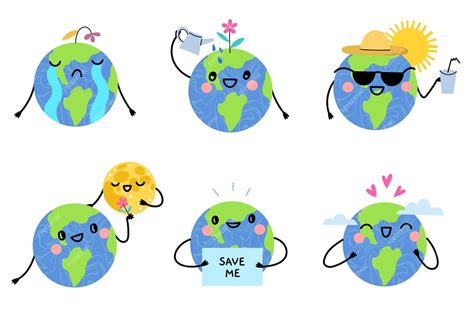 귀여운 지구 귀여운 행성 캐릭터 재미있는 생태 마스코트 다른 감정 만화 이모지 카와이 웃고 슬픈 얼굴 벡터 세트 프리미엄 벡터