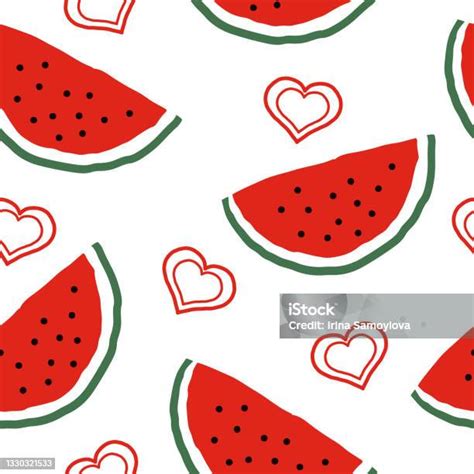 수박 슬라이스와 하트 벡터 매끄러운 패턴 손으로 그린 낙서 벽지 포장지 직물 배경에 대한 그림 붉은 육즙 여름 과일 과일에 대한 스톡 벡터 아트 및 기타 이미지 Istock