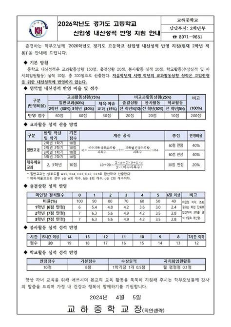 경기도 고등학교 내신성적 반영 지침 안내 가정통신문 교하중학교