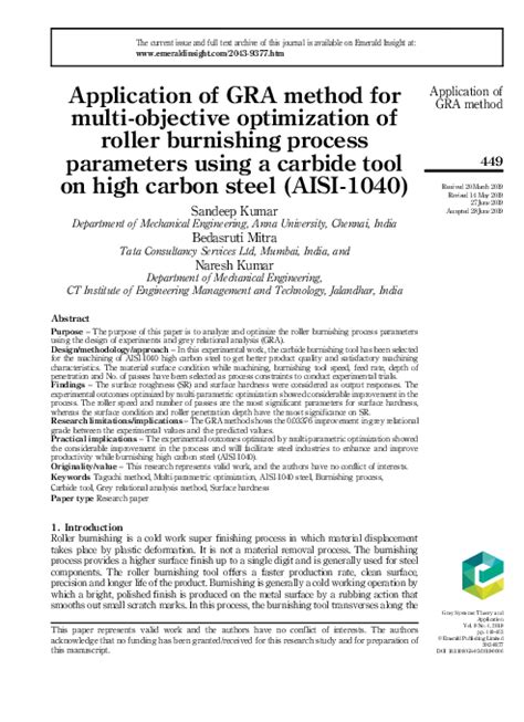Pdf Application Of Gra Method For Multi Objective Optimization Of Roller Burnishing Process