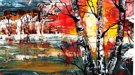 Как нарисовать позднюю осень Рисуем березу легко Рисуем осенний пейзаж гуашью Закат на озере