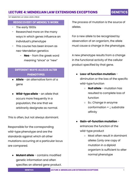 Lecture 4 Mendelian Law Extensions Exceptions Pdf Dominance Genetics Allele