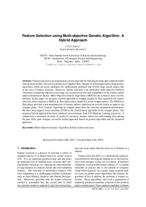 Pdf Feature Selection Using Multi Objective Genetic Algorithm A