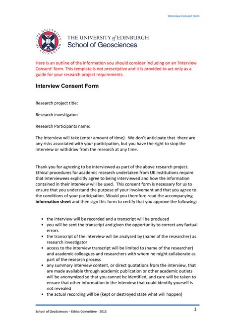 Interview Consent Form Interview Consent Form School Of Geosciences Ethics Committee 2013