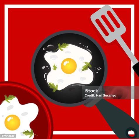 계란 후라이 요리 벡터 빨간색 배경에 음식 개념 3차원 형태에 대한 스톡 벡터 아트 및 기타 이미지 3차원 형태 건강한