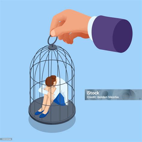 새장 안에 앉아 있는 등각성 우울한 여성들 슬픈 여자는 그녀의 무릎을 껴안고 울고 여자 우울증과 절망 새장 안에 앉아있는 젊은 여성 캐릭터 성차별 여자에 대한 스톡 벡터