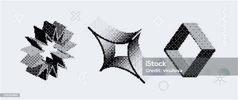 비트맵 텍스처 도형 집합입니다 디더 하프톤 개체 컬렉션 검은 색 3d 사각형 별 마름모 요소 배너 포스터 전단지 추상 픽셀화된 래스터 효과 번들 벡터 팩 0명에 대한 스톡